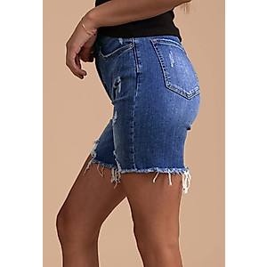 HUUSA Washed Short Jean Pants for Women Casual Spring High Waist Frayed Raw Denim Bermuda Shorts Mid Thigh Destroyed Ripped Jean Shorts with Pockets Dark Blue M