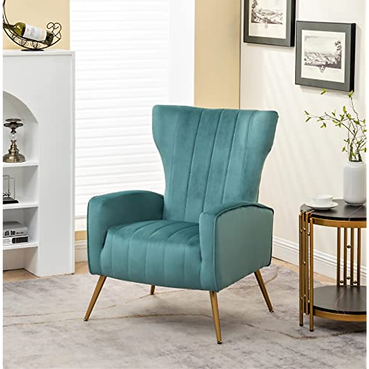 Container Furniture Direct Armchair Modern Velvet Accent Chair, Channel Tufted Bedroom, Office or Living Room Furniture with Elegant Metal Legs, Teal