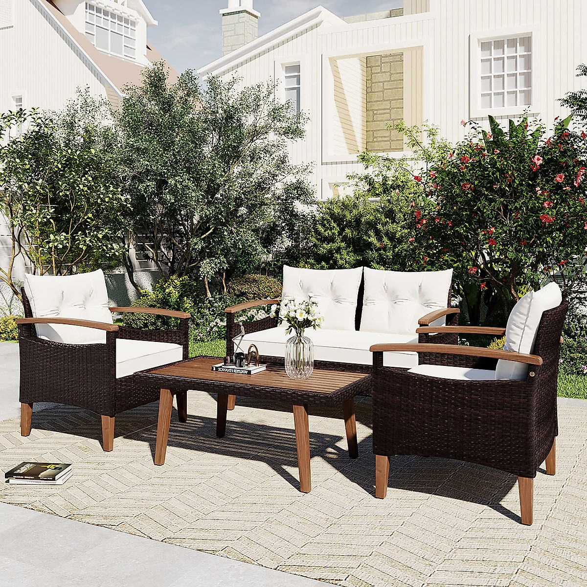 4-Piece Outdoor Patio Furniture Set, Sofa Garden Conversation Bistro Sets PE Rattan Wicker Sofa Set with Cushion, Wood Table and Legs, for Lawn, Porch, Poolside, Backyard, Brown and Beige