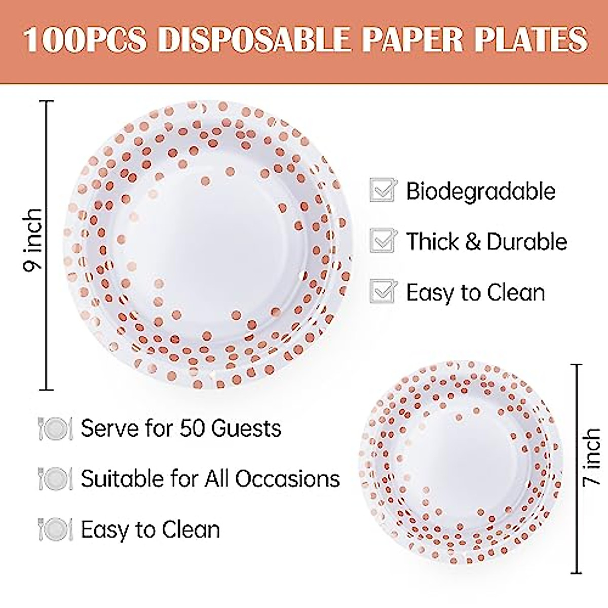 ROSINL Disposable Paper Plates 100 Pack White and Rose Gold Dots Paper Plates 50 x 9 and 50 x 7 Dinner Plates, Foil Polka Dots Paper Plates for Wedding Bridal Shower Engagement Birthday Parties