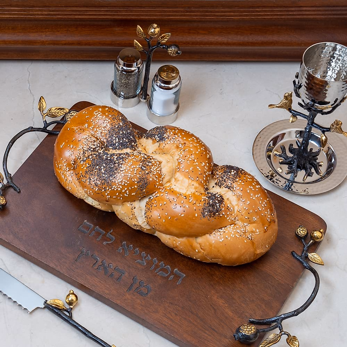 Yair Emanuel Wooden Challah Board with Sculpted Handles - Wooden Serving Tray for Shabbat (Pomegranates CBB-1)
