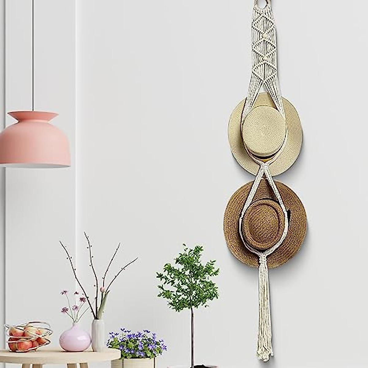 LINXIU Macrame Hat Hangers Boho Hat Rack for Wall Decorative Bohemian Women Cowboy Hats Holder Organizer for Wide Brim Fedoras Caps(2 Hats Style)