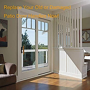Sliding Glass Patio Door Handle Set Oak Wood Interior Handle and Exterior Pull in White Diecast Finish+Mortise Lock 45° Keyway Fits 3-15/16” Screw Hole Spacing, Non-keyed with Latch Locks