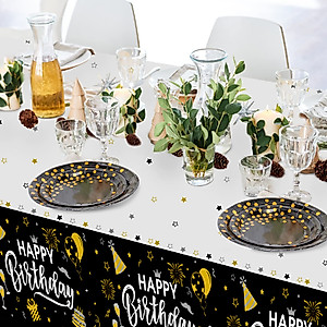 Happy Birthday Decorations, 3pcs Black and Gold Birthday Tablecloth for Men Women, Plastic Disposable Rectangle Table Cover for 90th 80th 70th 60th 50th 40th 30th Birthday Party Decor- 54" x 108"