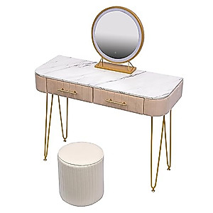 IMGDD 39.4" Length Flannel Soft Roll Makeup Vanity Set, Fasionable Soft Roll Makeup Table, 15.8" Touch Control 3 Brightness Options LED Mirror, Large Capacity Storage, Fashionable Soft Roll Stool