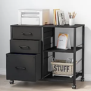 Raybee 3 Drawer Filing Cabinet for Home Office Mobile Lateral Office File Cabinets Rolling Printer Stand Fits for A4 / Letter/Legal,26.6" H x 29.7" W x 16.9" D Black