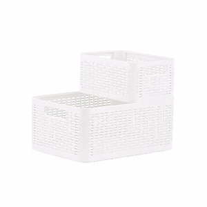 Superio Woven Plastic Storage Basket Box with Handles- Wicker Home Organizer Shelf Bins for Closet- Use for Socks, Jeans, Undershirts, Belts, Accessories (20 Quart, White)