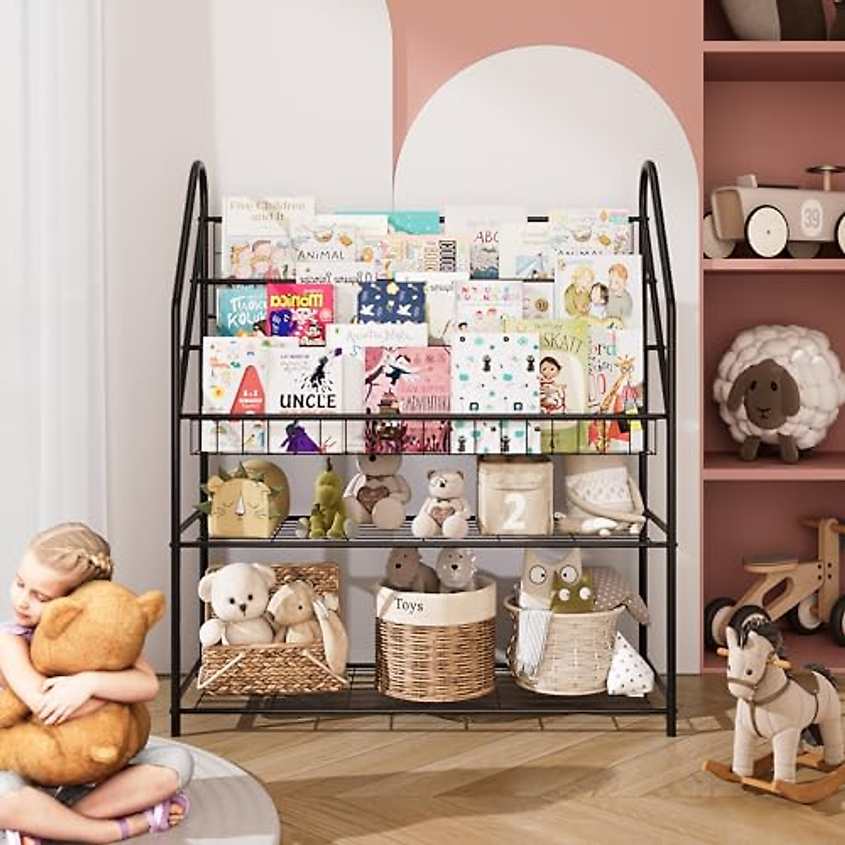 Emiosmt Black Bookcase for Children Metal Kids Bookshelves Modern Minimalist Toy Storage Large Bookshelf for Bookstore Bedroom, Classroom Furniture, Living, Library, Book Display Rack