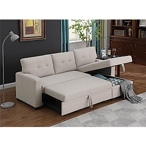 Wakefit Sectional Sofa Couch, 4-in-1 Sleeper Sofa Bed with Reversible Storage Chaise Pull Out Couch for Living Room | Hidden Stroge | Pull Out Bed | Removable Backrest | Linen Fabric, Beige