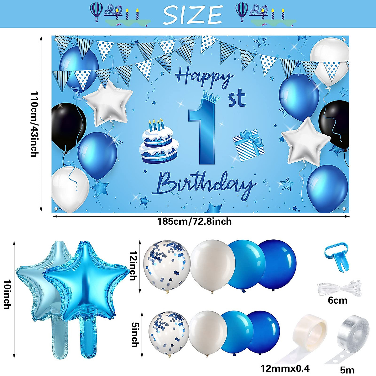 1st Birthday Decorations First Birthday Boy Backdrop 88 Pcs Blue Baby Boy First Party Supplies with Banner Foil Star Balloons Set for Baby Shower Party Decorations Supplies