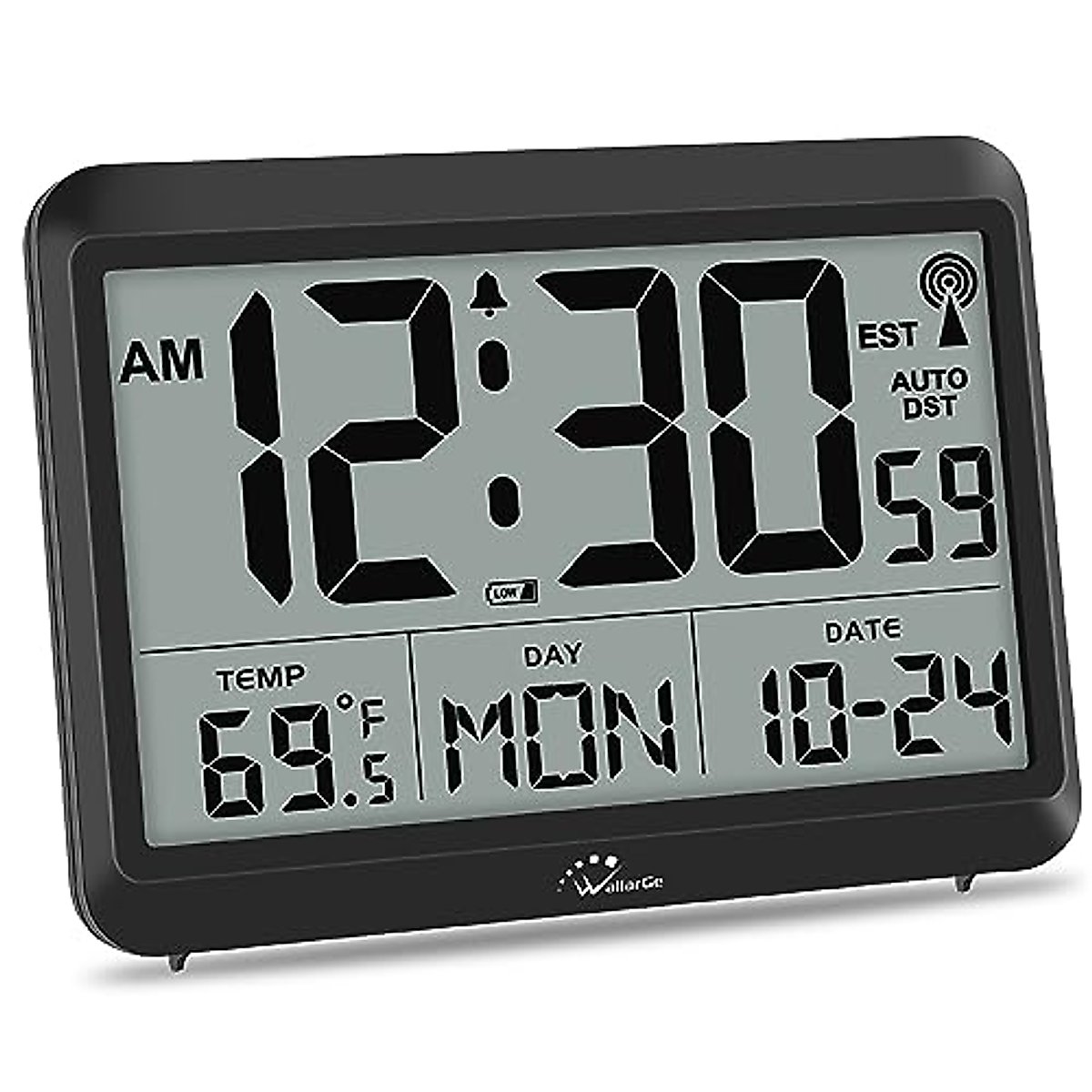 WallarGe Atomic Clock Battery Operated - Large Display Digital Alarm Clock with Seconds and Indoor Temeperature, 4 Time Zones, DST