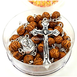 TALISMAN4U CATHOLIC ROSARY NECKLACE Olive Wood Carved Beads With Jerusalem Soil & Cross Crucifix in Gift Box