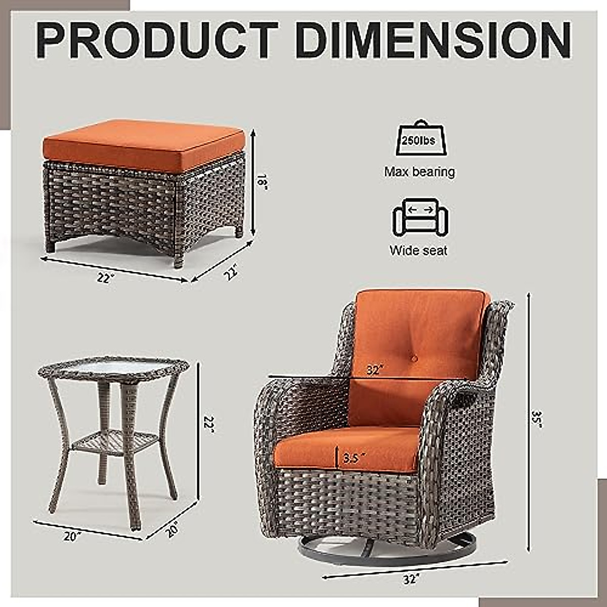 Joyside 5 Piece Outdoor Patio Furniture Set Wicker Conversation Bistro Set Swivel Rocking Chairs with Side Table and Ottomans for Garden, Backyard, Porch, Deck(Mixed Grey/Green)