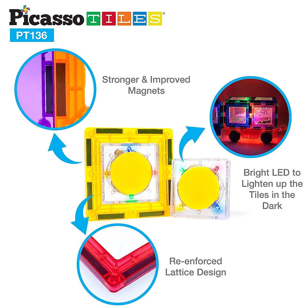 PicassoTiles 136 Piece S.T.E.A.M. Building Block Set with 66 Magnetized Clip-in Insert Cards Toy Construction Kit PT136 Magnet Building Tiles Clear Color Magnetic 3D Educational Blocks Click-in Card