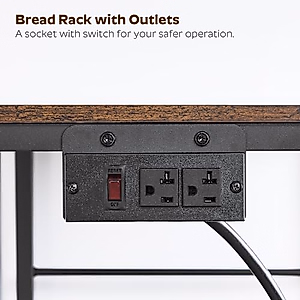 YATINEY Bakers Rack with Power Outlet, 3-Tier Microwave Stand, Multifunctional Coffee Bar, Kitchen Storage Rack with Hooks, for Kitchen, Dining Room, Living Room, Rustic Brown and Black HB01BR
