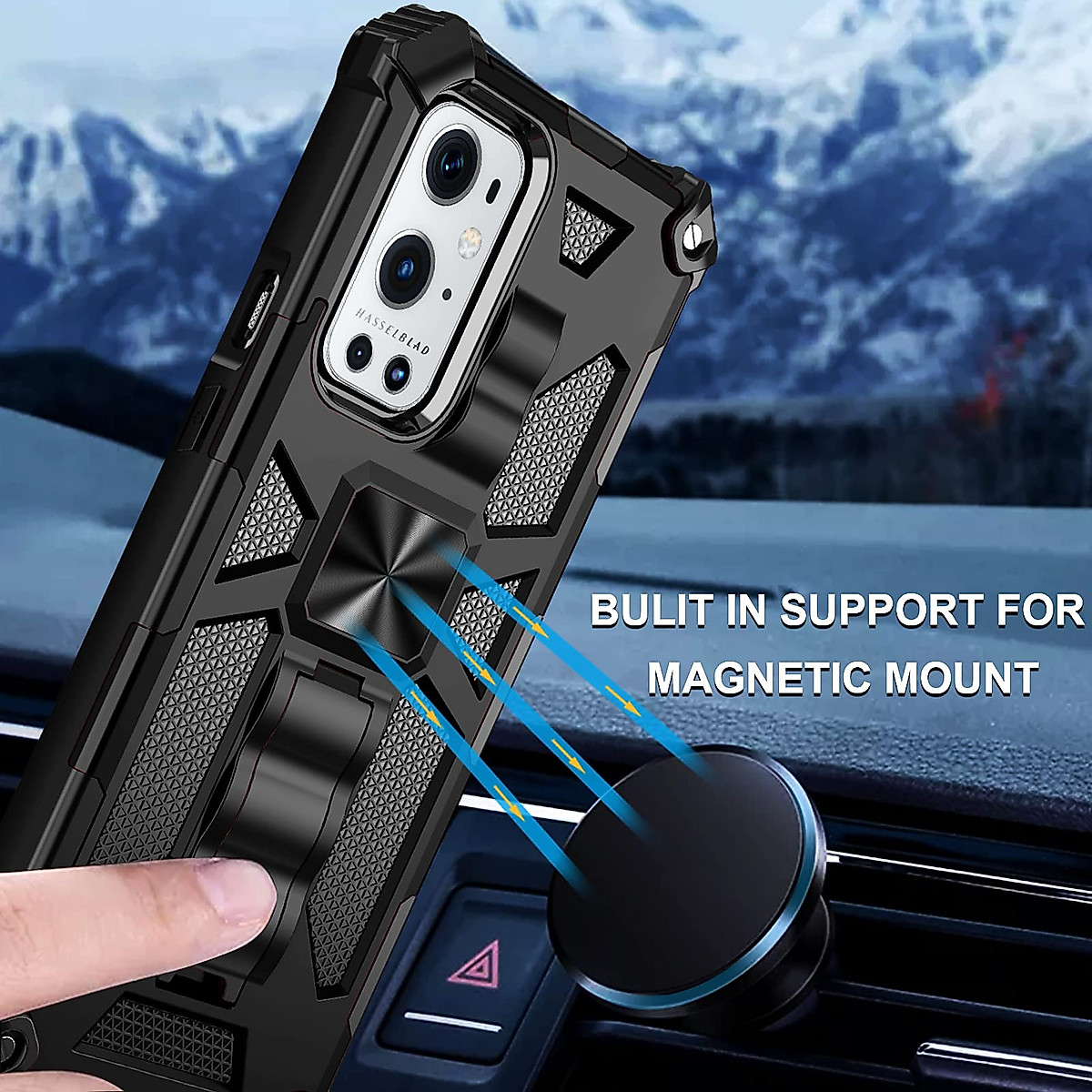 Ailiber Compatible with OnePlus 9 Pro Case with Screen Protector, for Magnetic Car Mount, Kickstand Holder, Rugged Shockproof Bumper Military Grade Protective 1+9+ Phone Cover for OnePlus 9 Pro-Black