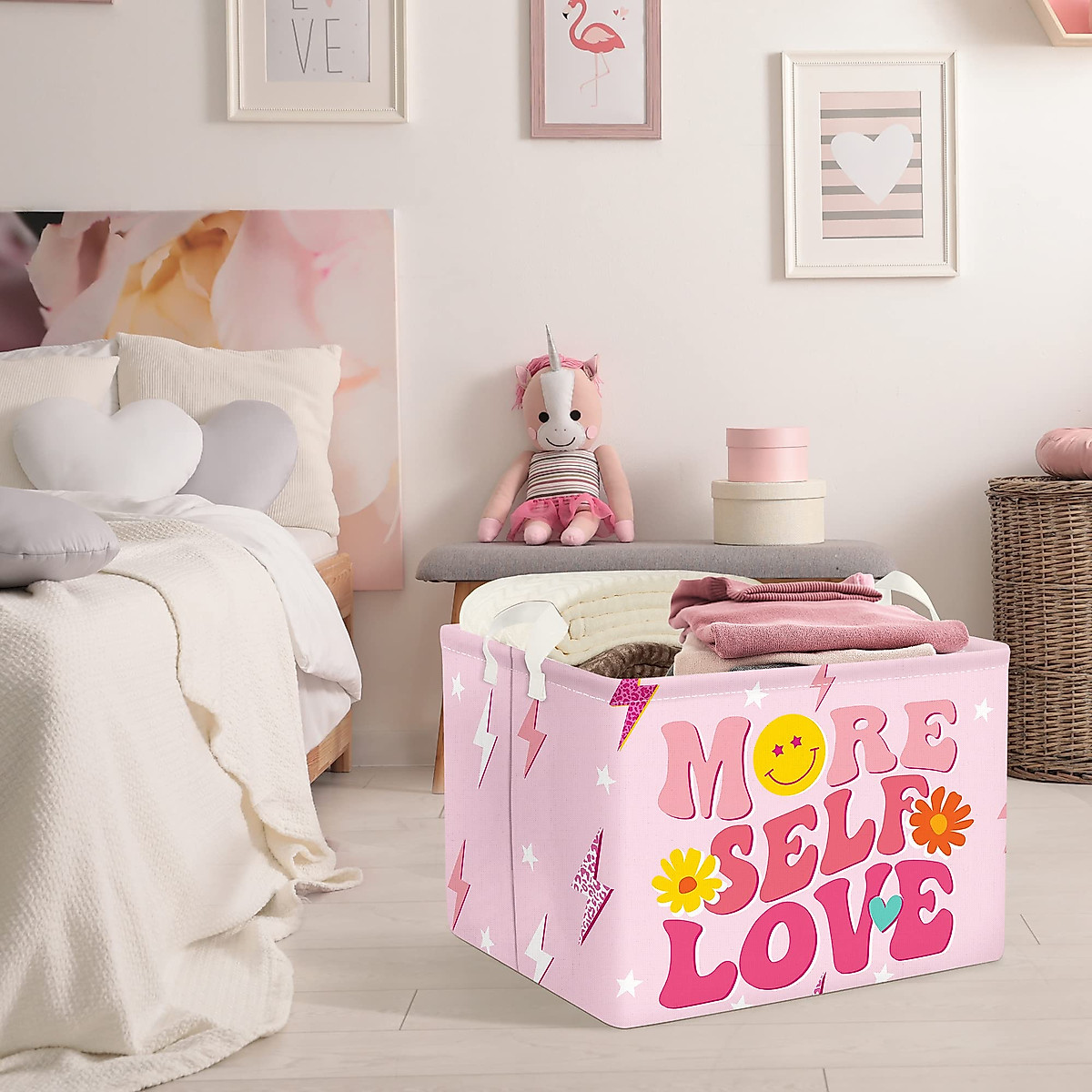 Clastyle Pink Mothers Day Gift Basket Flower Star Love Preppy Shelf Basket Rectangle Clothes Books Toys Chest