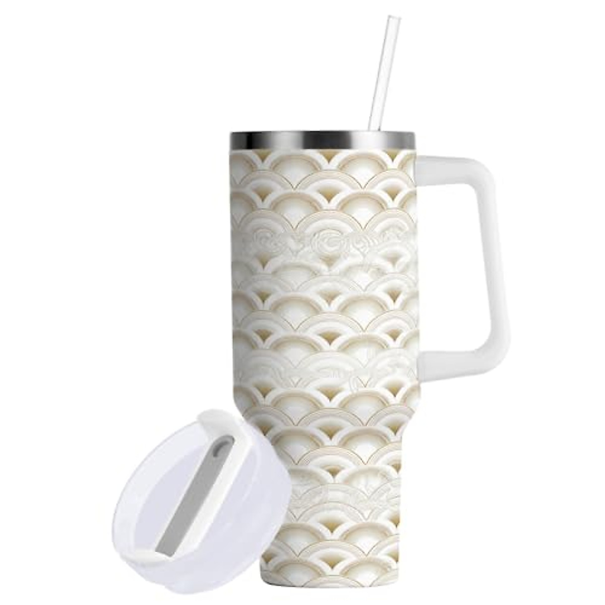 RPLIFE Elegant Gold Outlined Waves White Coffee Tumbler with Handle, Stainless Steel Coffee Cup, Tumbler with Lid and Straw