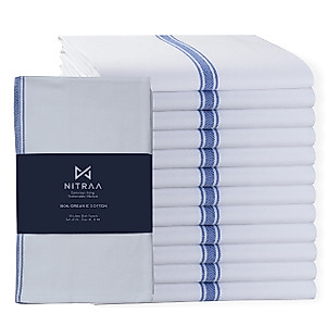 NITRAA Kitchen Towels with Herringbone Weave and Center Stripe - 100% Organic Ring Spun Cotton - Reusable Dish Towels - Highly Absorbent and Lint Free - OEKO-TEX Certified -15”x 26” - Set of 12 (Blue)