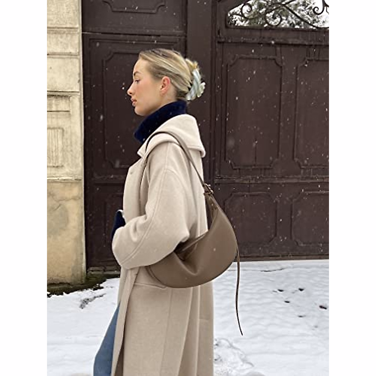 Amazing Song Hald Moon Crossbody Bag for Women, Designer Hobo Shoulder Handbag Togo Lether Adjustable Strap, Brown