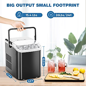 Sweetcrispy Countertop Ice Maker Machine, Portable Self-Cleaning Ice Machine with Ice Scoop, Basket and Handle, 9 Cubes in 6 Mins, 26.5lbs/24Hrs, 2 Sizes of Bullet Ice for Home Kitchen, Coal Black