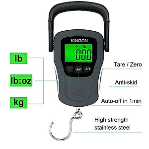 Digital Hanging Luggage Scale with Comfortable Handle and Large Hook, 110lb/50kg, Backlit Portable Scale for Travel Fishing with Tare/Hold Function, AAA Batteries Included, Grey