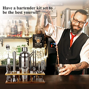 Bartender Kit, 26-Piece Stainless Steel Bartender Kit with Stylish Bamboo Stand Home Cocktail Shaker Set Bar Set with Bar Mixer Best Bar Kit for Beginners