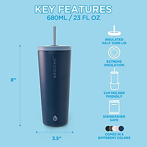 GROSCHE Jasper 23oz Tumbler with straw. Extreme Insulation, Classy Design, Built to Last, Insulated Stainless Steel Tumbler with Lid and Straw - Blue