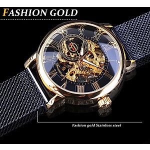 FORSINING Steampunk Watches for Men Hand Wind Watches Retro Design Staem Punk Mechanical Skeleton Wrist Watch Transparent Business Mesh Band Watch (Golden-Black)