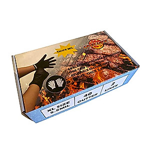 LavaLock Heavy Duty Thick 5.5 Mil Black Disposable Nitrile BBQ Gloves with 2 cotton liners for outdoor cooking grilling smokers and barbecue competition, chef or kitchen use (40, Extra-Large)