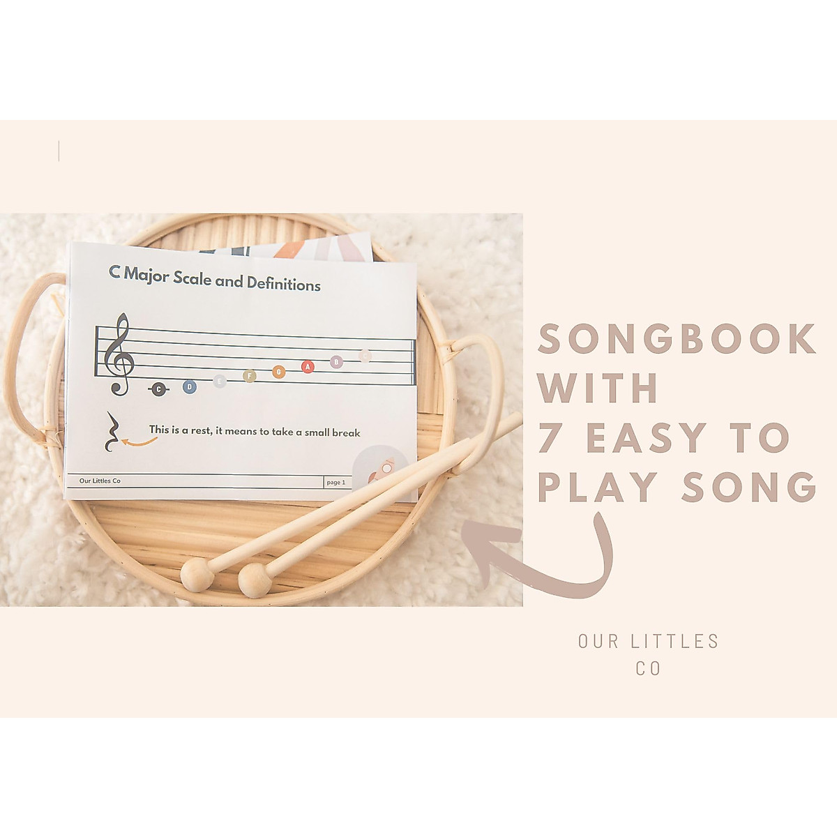 Our Littles Co Neutral Xylophone Instrument | Montessori Musical Toy for Toddlers & Kids Song Book | Educational Developmental Sensory Toys Non-Toxic Safe Gift Organic | Designed in USA