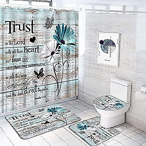DSMEUE Inspirational Quote 4 Piece Shower Curtain Sets with Rugs，Rustic Teal Wooden Board Daisy Flower Butterfly Motivational 70"x70" Bathroom Curtain and 17.8"x29.5" Bath Mat,Toilet Cover, U-Shaped