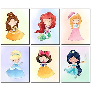 BigWig Prints - Princess Wall Art for Kids, Cute Disney Princess Prints Featuring Belle, Ariel, Cinderella, Snow White, Jasmine, and Aurora, Girls' Room Decor - Unframed Set of 6 (8x10)