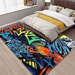 Modern Abstract Area Rugs for Living Room Kitchen Bedroom Abstract Bright Graffiti Pattern with Bricks Paint Drips Words in Bathroom Rugs Stain Resistant Carpet Mat Pad Rectangular Home Decor