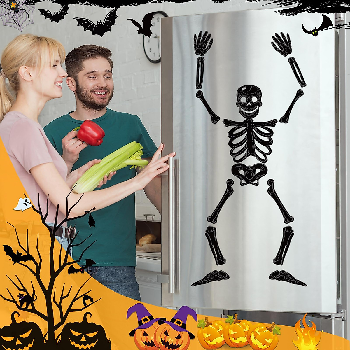 Bememo Halloween Skeleton Garage Door Magnets 42.9 Inches Dancing Skeleton Skull Magnetic Sticker Decor Black Large DIY Garage Magnets for Halloween Party Home Door Car Dishwasher Decor