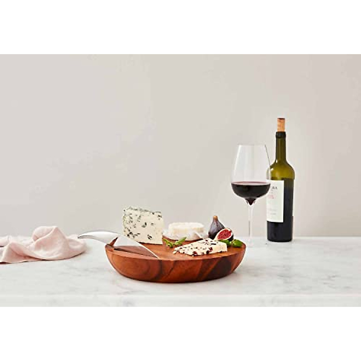 nambe Harmony Cheese Board with Knife | Made of Acacia Wood and Stainless Steel | 12” Serving Set | Charcuterie and Butter Board | Serving Platter Hostess Gift in Box | Designed by Wei Young