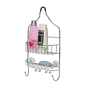 Bath Bliss Design Chrome, Resistant, 2 Tier Contoured Caddy, Over The Shower Head, Rust Proof, Bathroom Organizer with Hooks for Hanging Razor, Sponge, Shampoo Holder