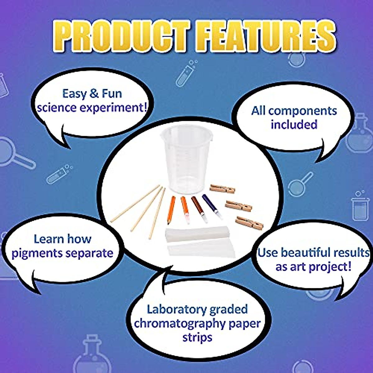 Paper Chromatography Experiment Kit With Lab Instructions - DIY Science Experiment For Home, School, Lab - Kit Includes 50-Sheet Filter Paper, Beaker, Dowel, Clips, Pens, Pencil, Detailed Instructions