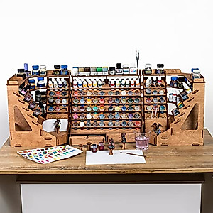 PLYDOLEX Wooden Corner Paint Organizer for 32 Bottles of Paints and 46 Paint Brushes - Paint Rack Organizer with 6 Miniature Stands and Scene for Photo-Shooting - Intended for Miniature Paint Set