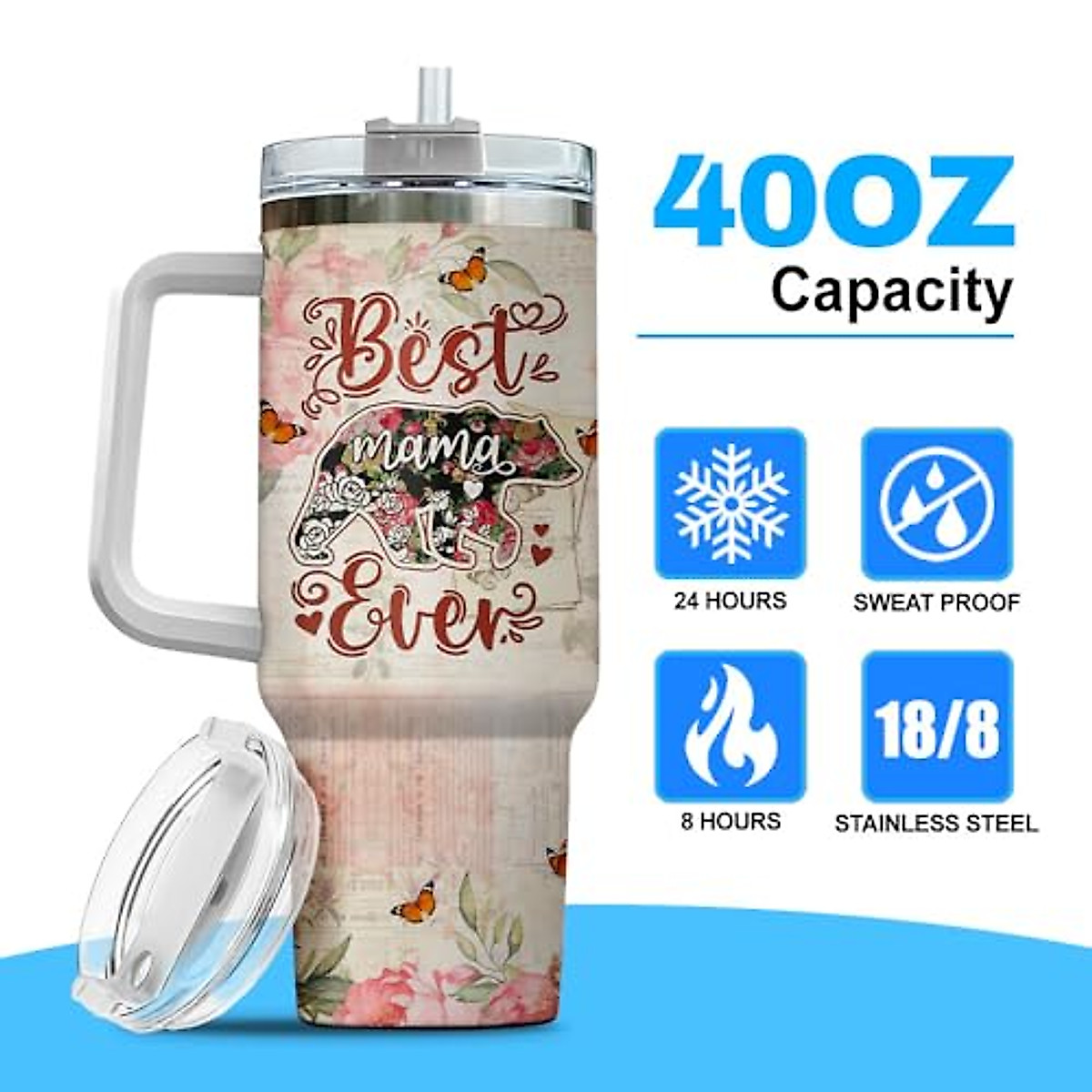 Mama Bear Floral Inspiration, Tumbler 40 Oz With Handle Lid And Straw, Mama Bear Gifts, Mom Flower Cups To Funny Yellow For Eleven Water Steel Handle Straws Modern