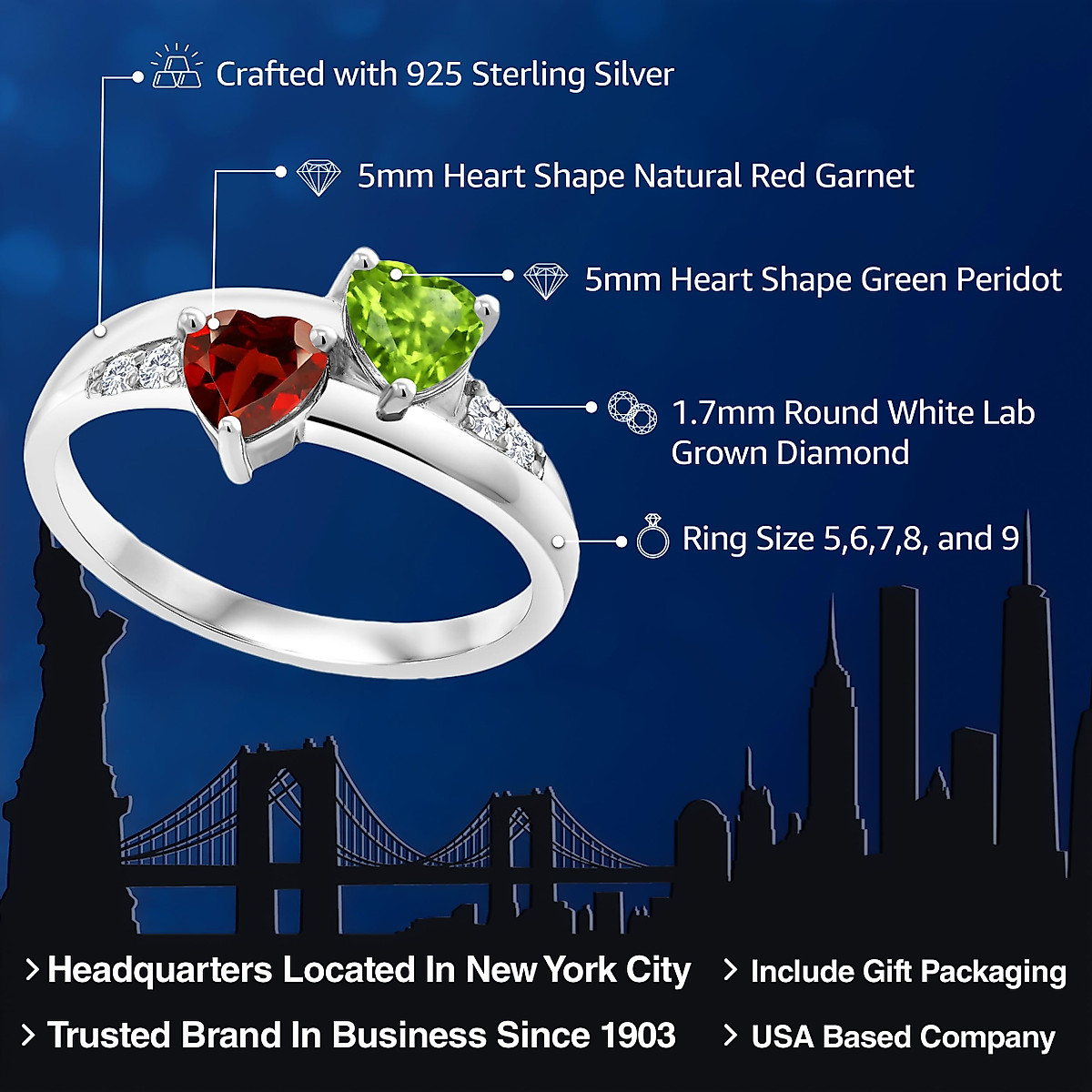 Gem Stone King 925 Sterling Silver Green Peridot Red Garnet and White Lab Grown Diamond Women Ring (1.13 Cttw Heart Shape, Available in size 5, 6, 7, 8, 9)