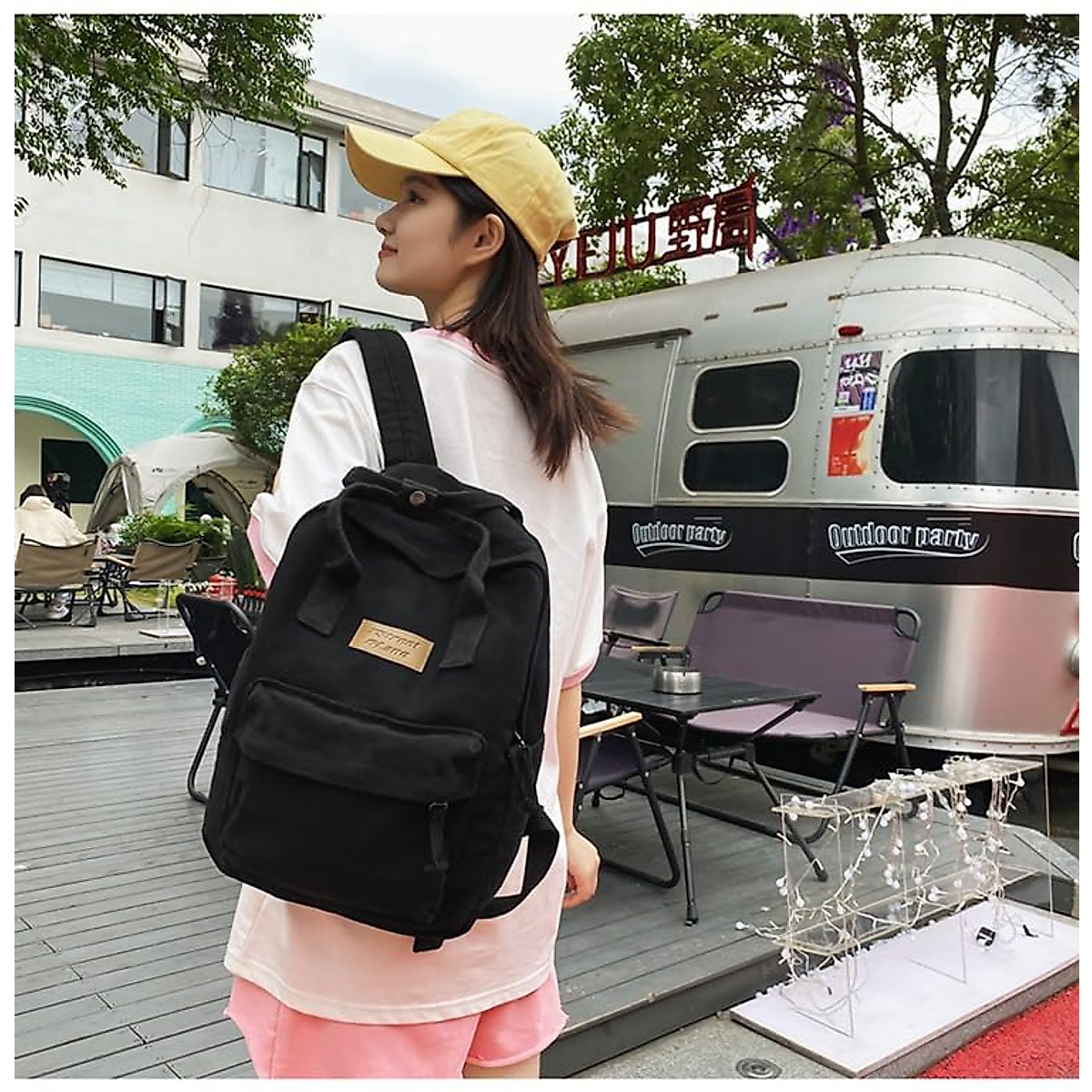 MININAI Aesthetic Canvas Backpack for Women Men Preppy Backpack Grunge Hippie Boho Japanese College Laptop Book Bag (Black,One Size)