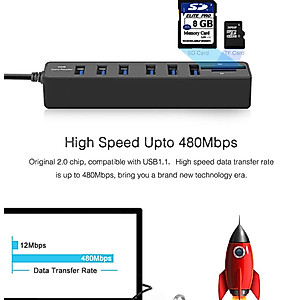 Fansipro 5V USB Hub 2.0-multiplexer High-Speed 6-Port for TF/SD Card Adapter, Black