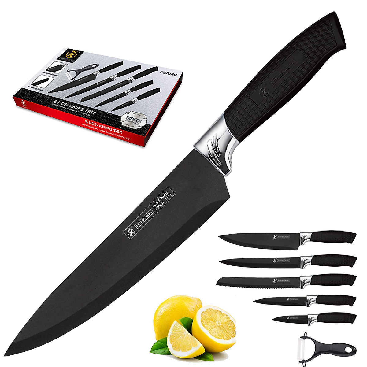 Ceramic Knife Set, Black Coated Knives Set, 6 pieces Stainless Steel Knife Set, BO Oxidation, No Rust, Sharp Black Knife Set with Gift Box for Cooking Cutting and Paring