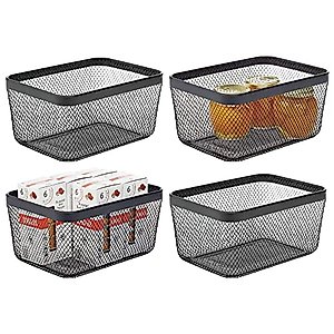 mDesign Steel Food Storage Organizer Bin Mesh Basket, Space Saving for Kitchen Cabinets, Countertop, Pantry, Fridge, Freezer Organization, Canned Food, Sugar, Flour, Meshi Collection - 4 Pack - Black