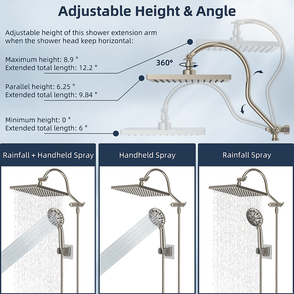 Hibbent 10" Thickness Metal Rainfall Shower Head/Handheld Showerhead Combo with 12'' Adjustable Curved Shower Extension Arm, 7-Spray, 71'' Hose, Adhesive Showerhead Holder, Brushed Nickel