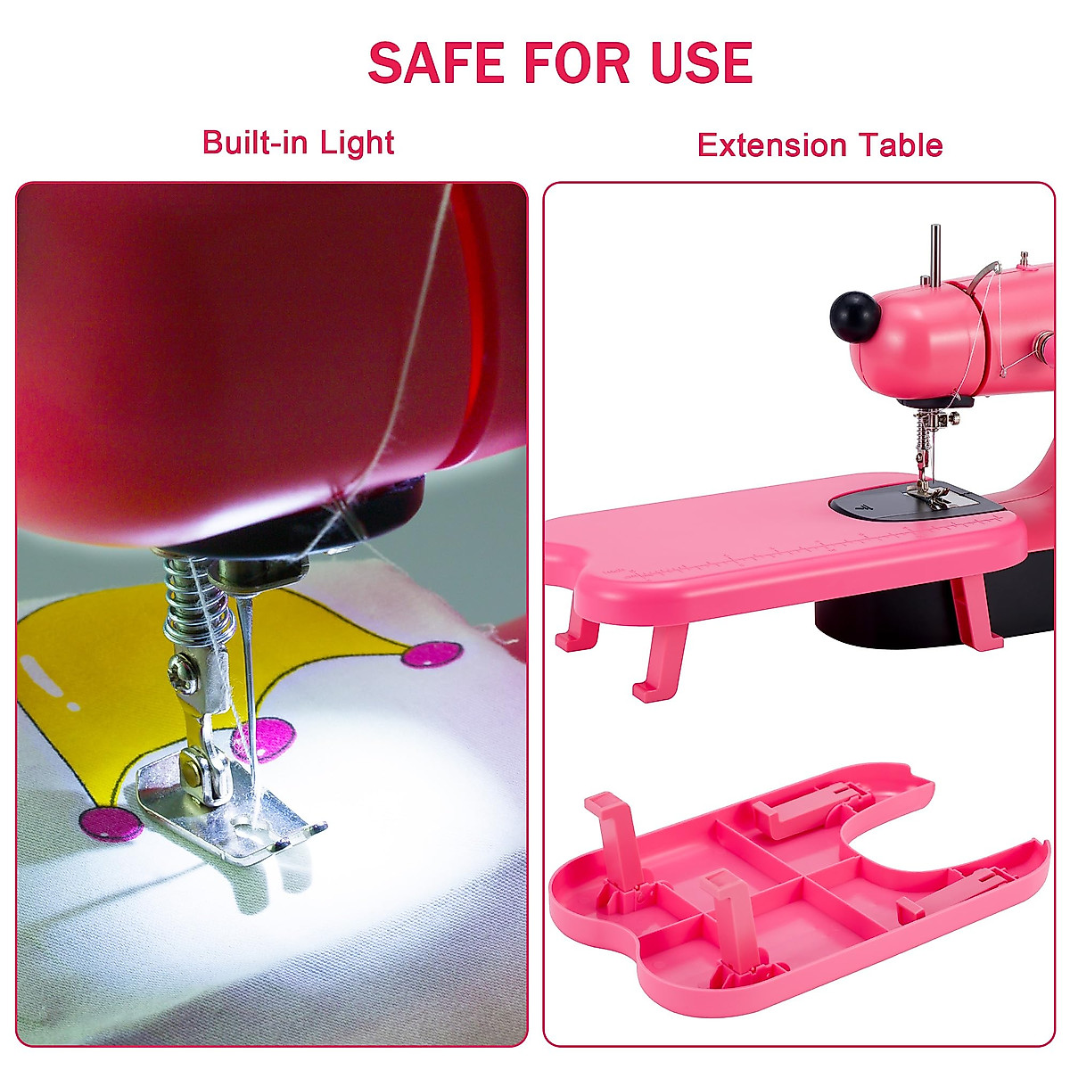 Flying Banana Mini Sewing Machine for Beginners, Girls Sewing Machine Ages 8-12 Kids, Pink Sewing Machine Lightweight Small Electric Maquina De Coser with Extension Table, LED Light