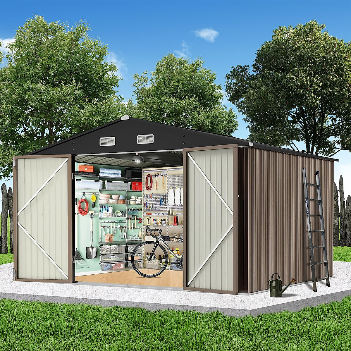10x8 FT Metal Outdoor Storage Shed, Zstar Steel Utility Tool Shed Storage House with Lockable Door Design, Metal Sheds Outdoor Storage for Garden, Patio, Backyard, Outside Use, Brown