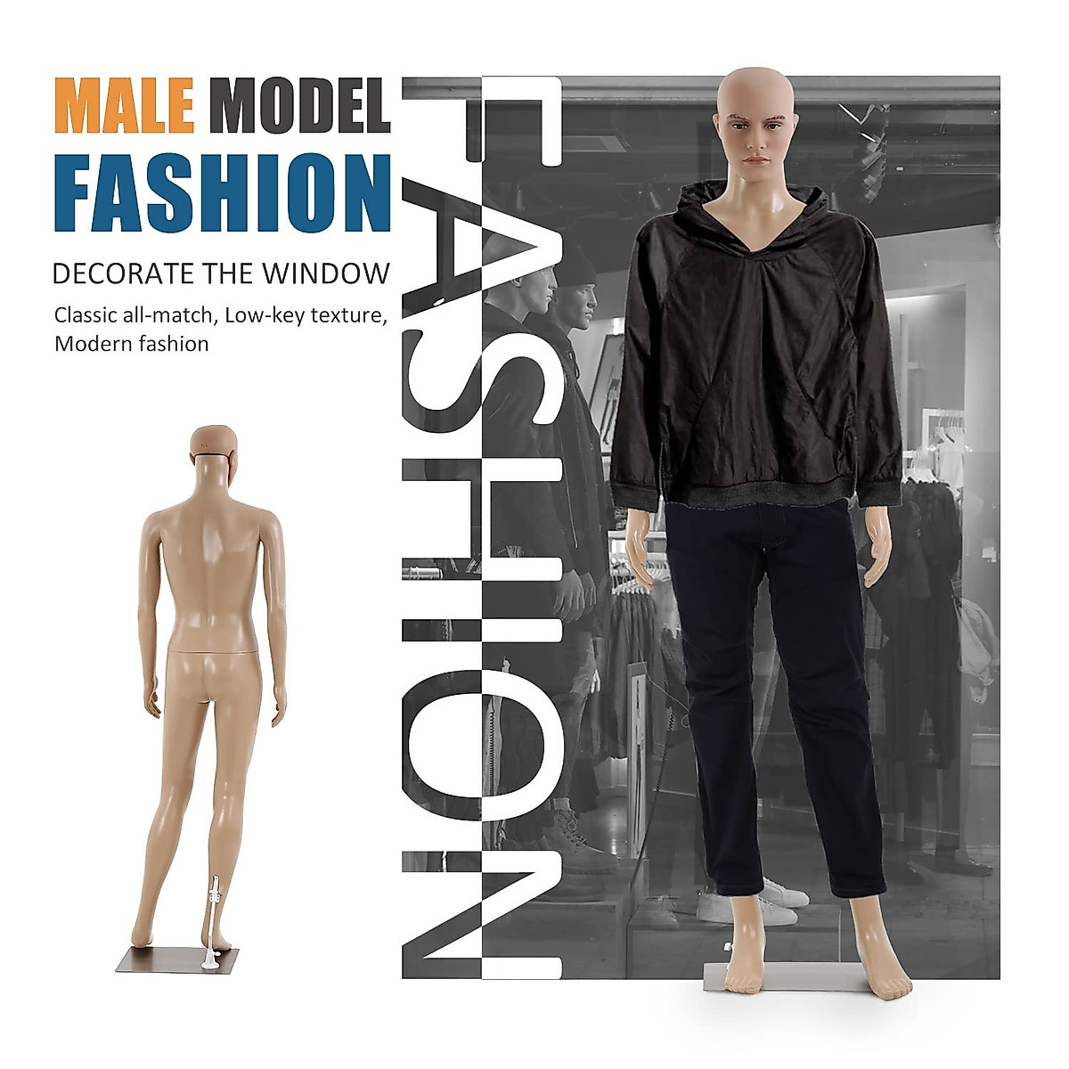 NChanmar Male Mannequin Full Body,Mannequin Body Dress Form 73 Inches Stand Adjustable Model Realistic Head Arm Rotation Metal Base