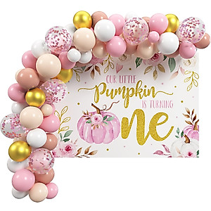 Vansolinne Pink Pumpkin First Birthday Decorations for Girls Our Little Pumpkin is Turning One Backdrop Banner and Balloon Garland Arch Kit 1st Birthday Party Supplies Background Photoshoot Props